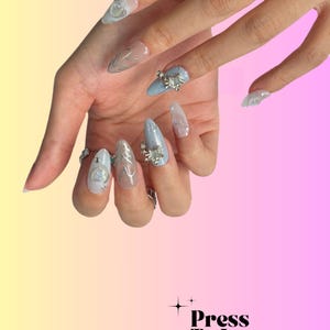 Y2K Blue Star Press on Nails, Short Almond Nails/y2k Nails/gyaru Nails ...