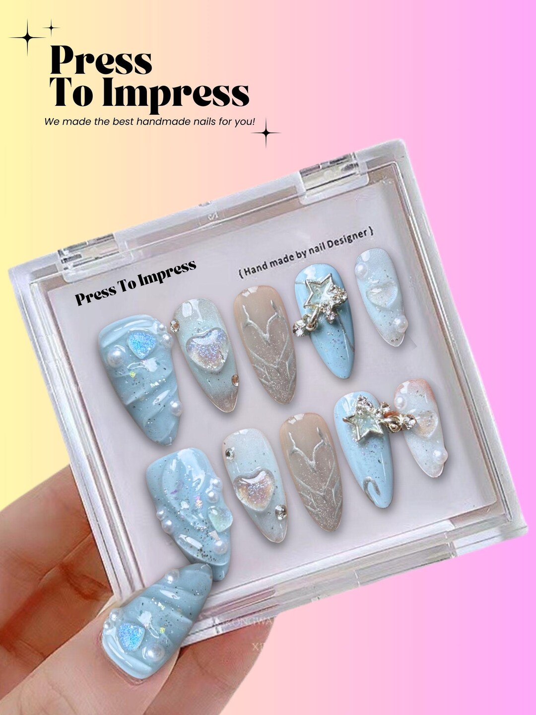 Y2K Blue Star Press on Nails, Short Almond Nails/y2k Nails/gyaru Nails ...