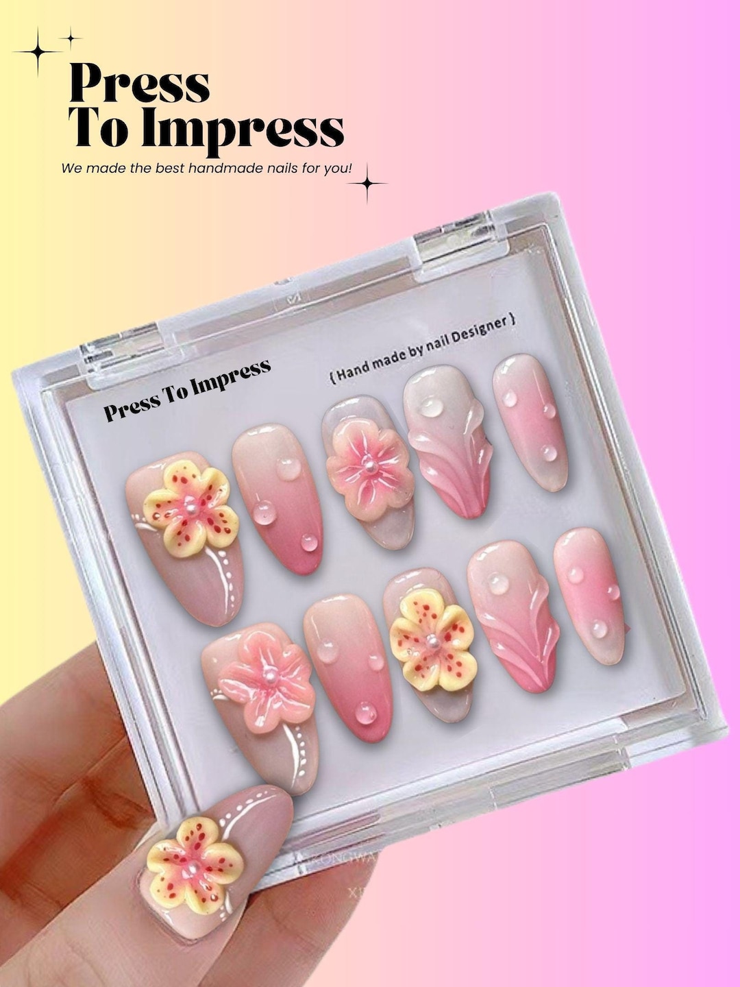 Dreamy 3D Pink Floral Press on Nails/ Long Almond Nails/3d Flower Nails ...