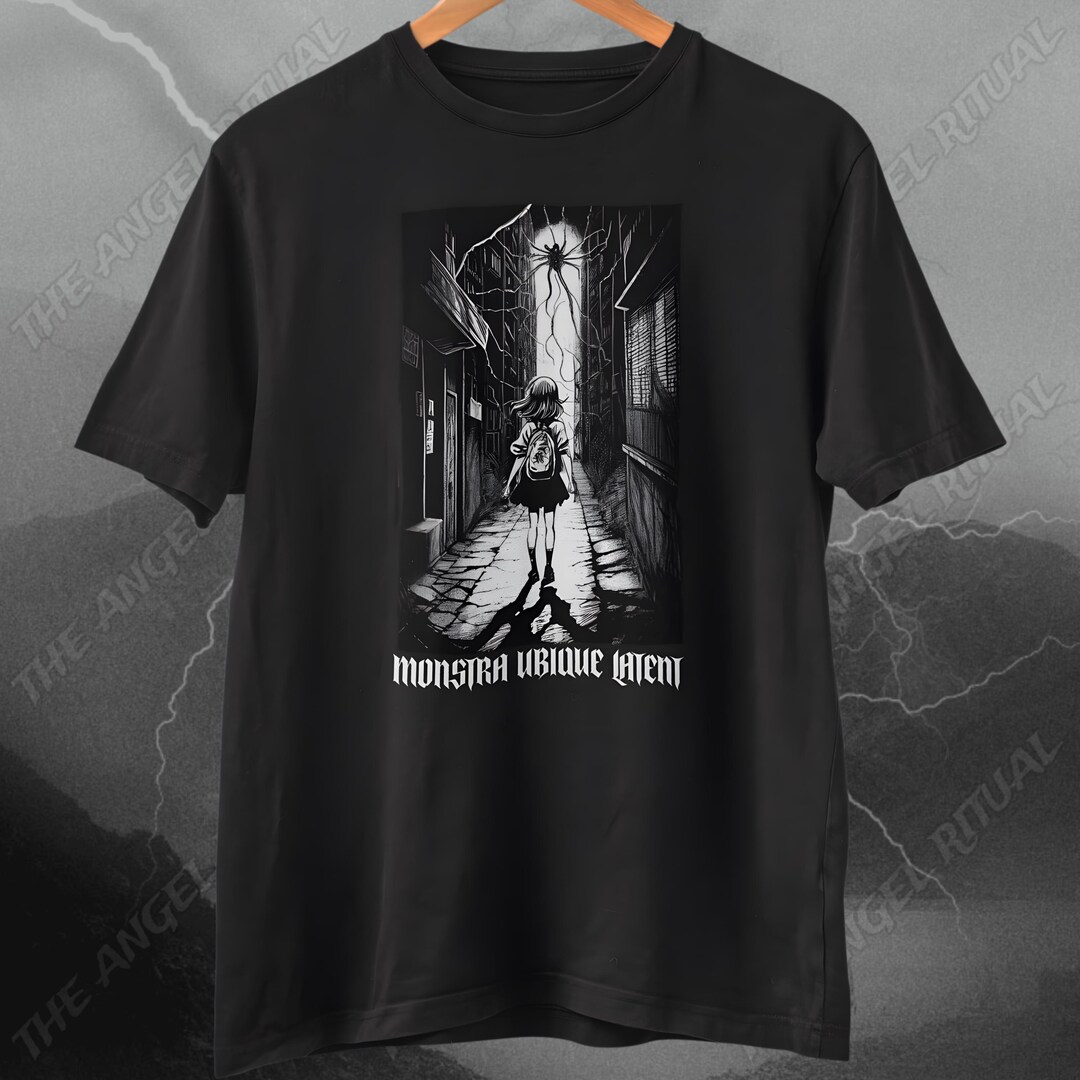 Monstra Ubique Latent Gothic Horror Washed Dark T-shirt, Monsters Lurk ...