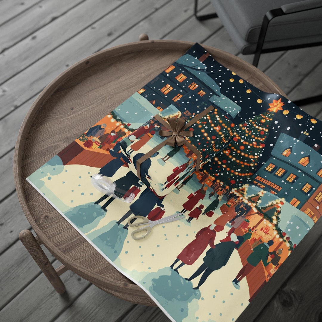 Christmas Market Wrapping Paper, Snowy Night Holiday Gift Wrap, Festive ...