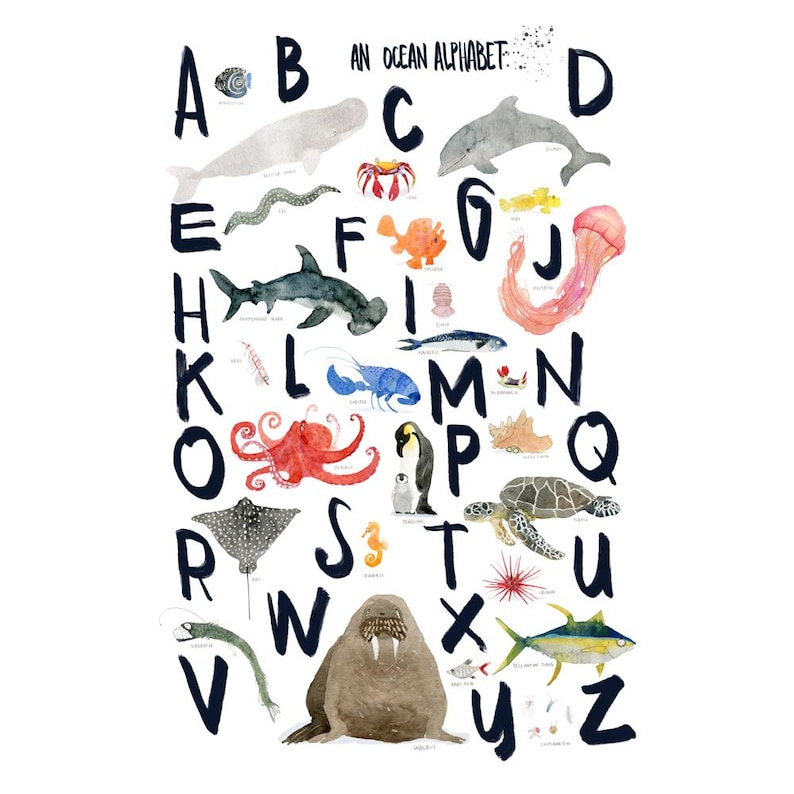 Sea Animals ABC Poster, Ocean Animals ABC Print, Nursery Print, Animal ...