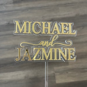 Wedding Cake Charm in Gold Mirror Acrylic, Personalized With Couple's ...