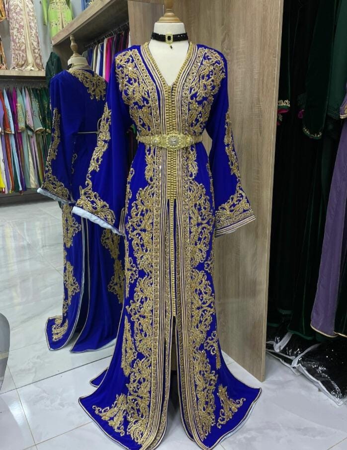 Handmade Moroccan Kaftan Dress: Elegant Gold Embroidery, Detachable ...