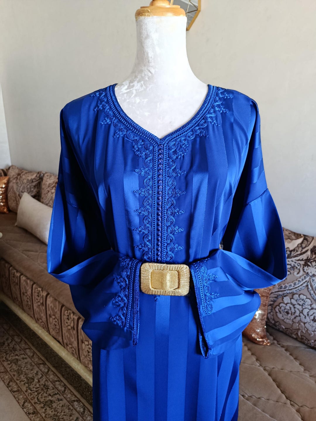 Elegant Navy Blue Moroccan Gandoura JOUHARA With Gold Belt and Babouche ...