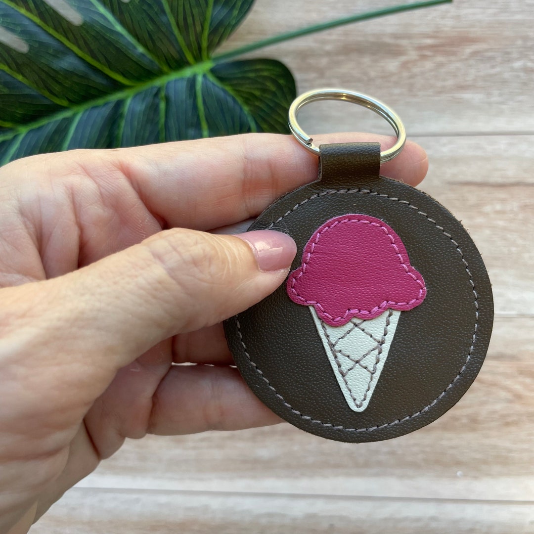 Leather Ice Cream Cone Keychain, Round, Genuine Leather Key Fob - Etsy