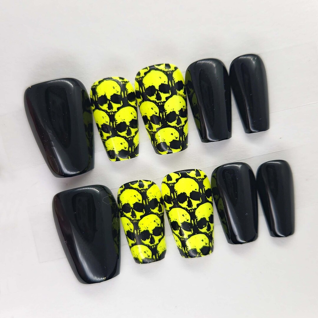 Neon Yellow Skull Press on Nails: Handmade Halloween Gel False Nails - Etsy