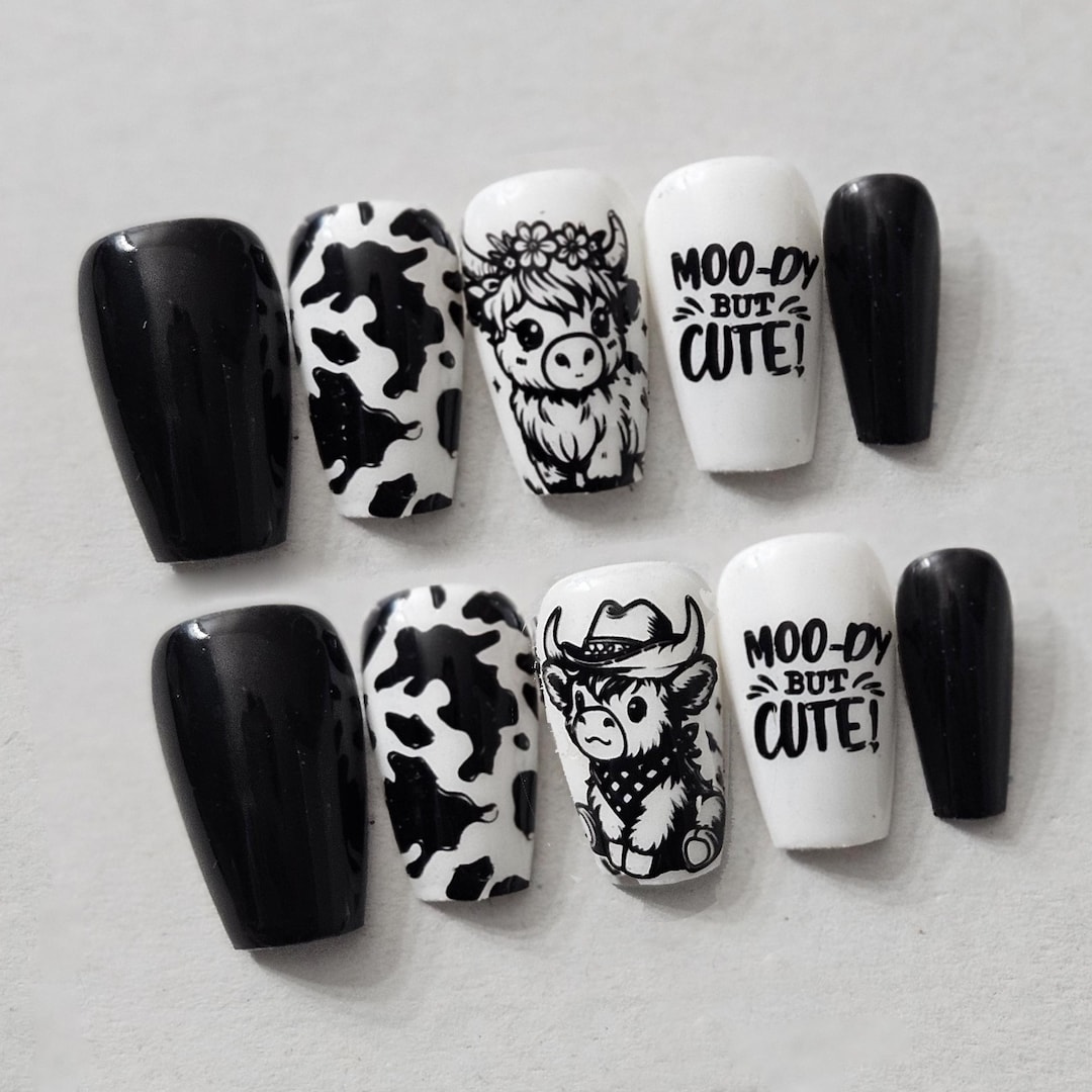 Highland Cow Press on Nails: Black & White Moo-dy Reusable False Nails ...
