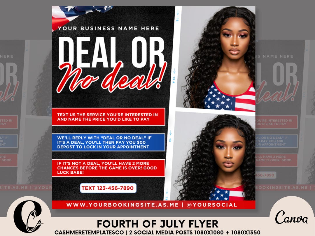 Fourth of July Booking Flyer July 4th Deal or No Deal Flyer Hair ...