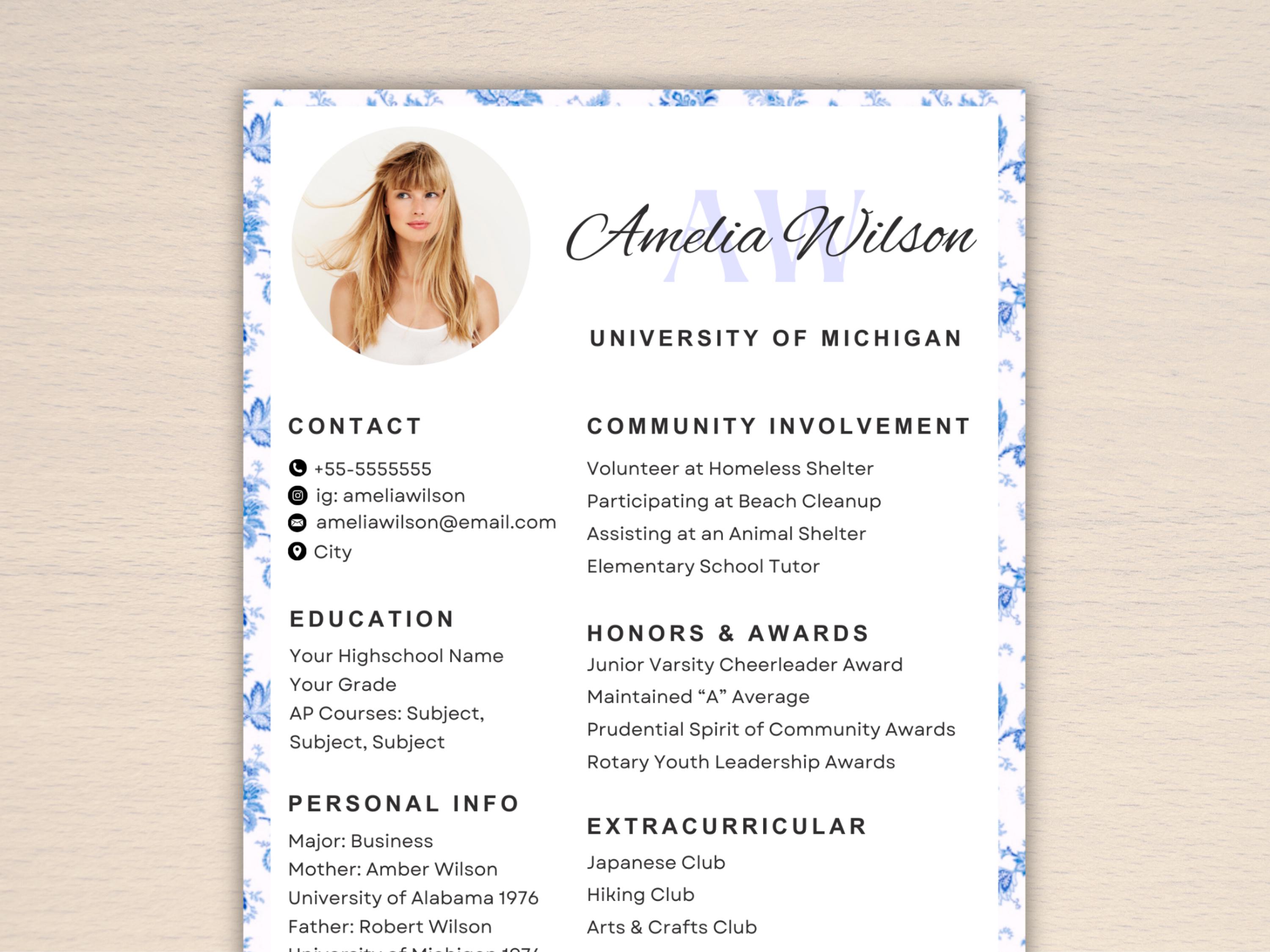 Cute Blue Floral Sorority Resume Template in Canva, Editable Sorority ...