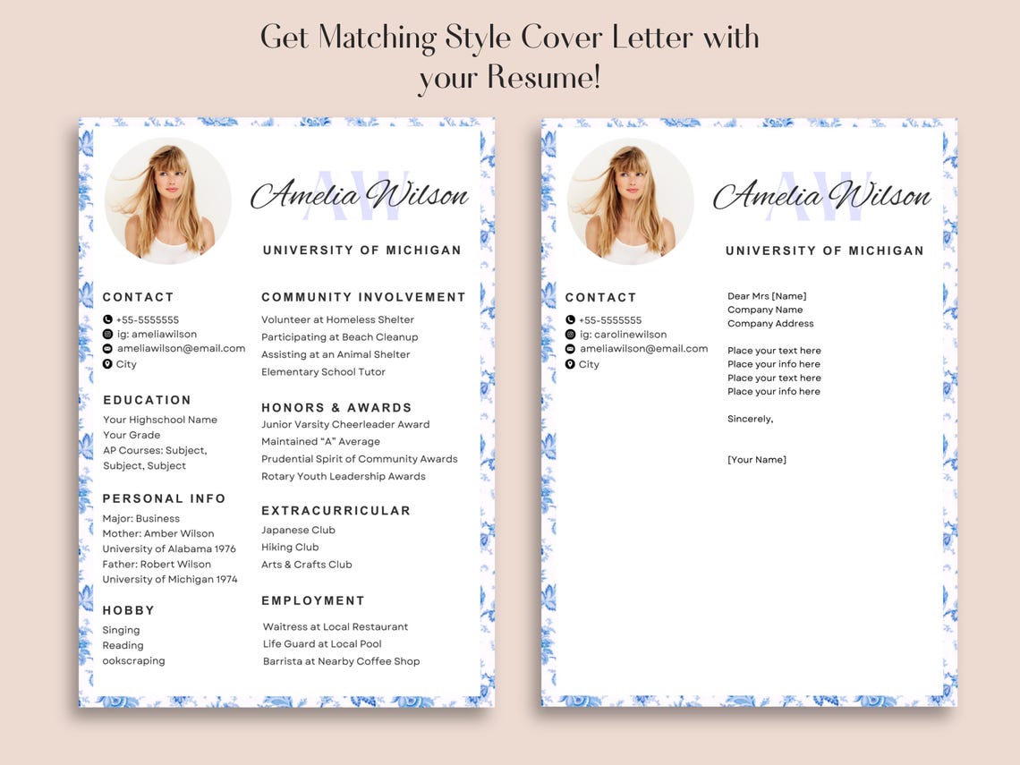 Cute Blue Floral Sorority Resume Template in Canva, Editable Sorority ...