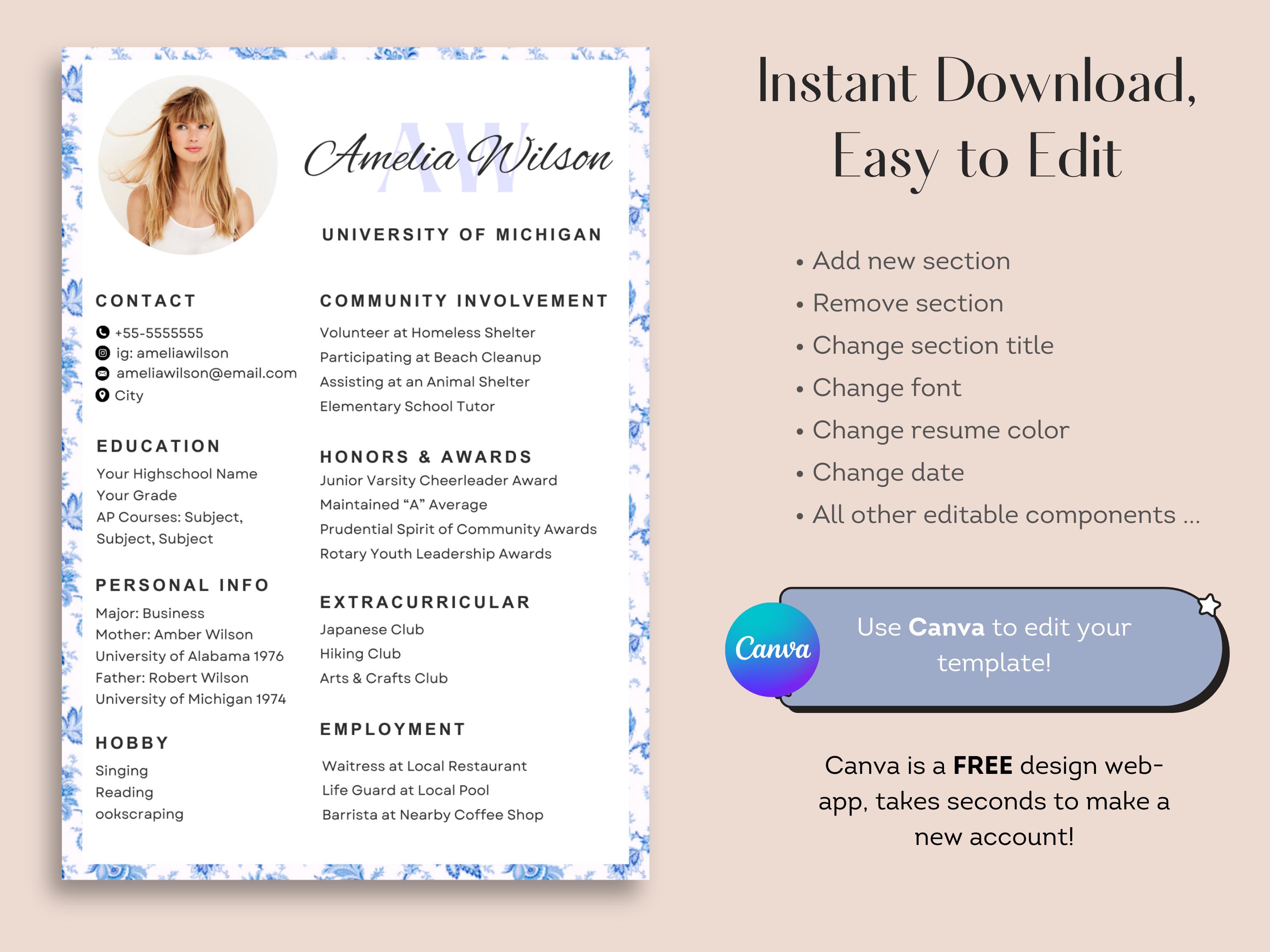 Cute Blue Floral Sorority Resume Template in Canva, Editable Sorority ...