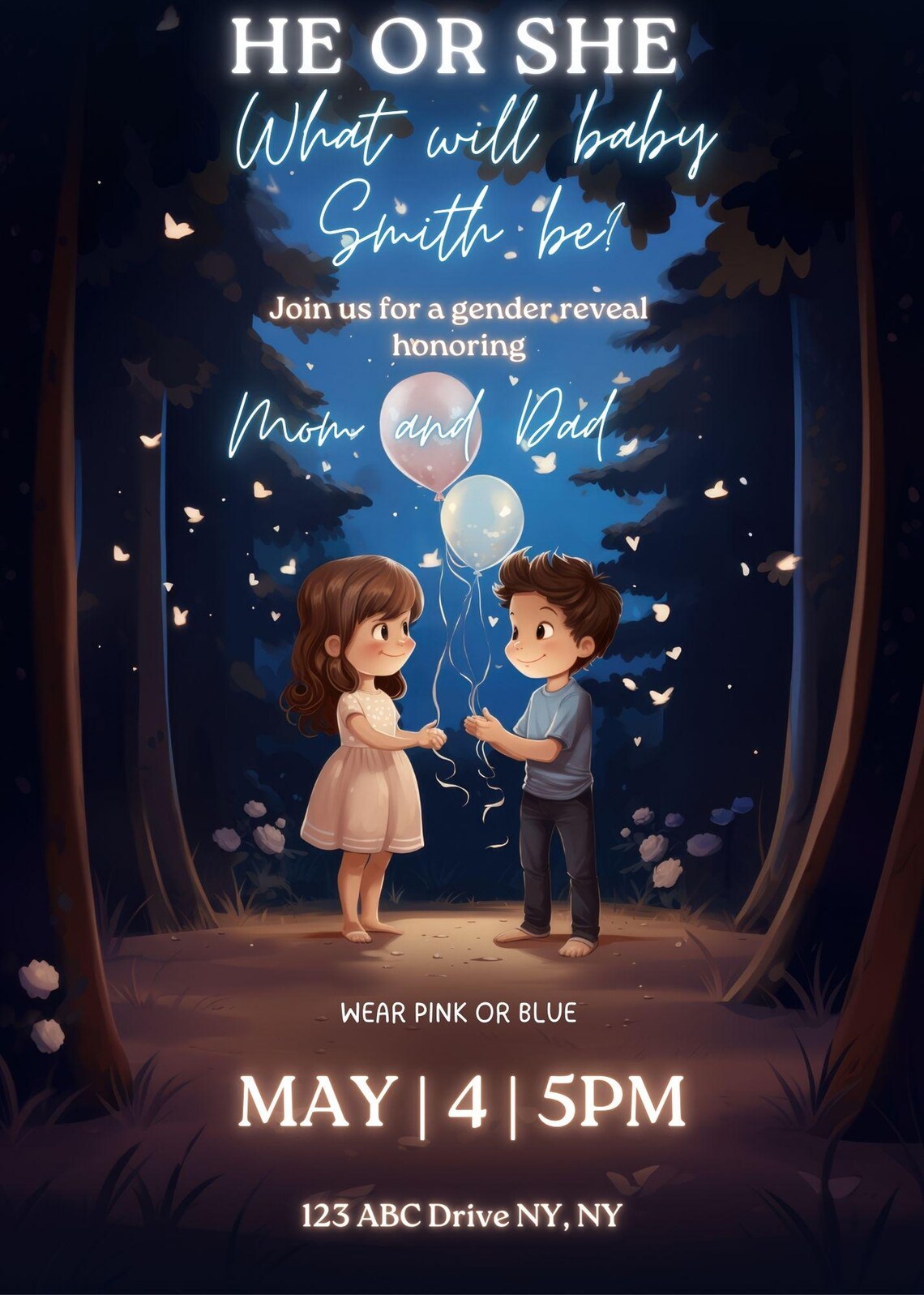 Customizable Baby Gender Reveal Invitation Blue Night Fairy Tale PDF ...