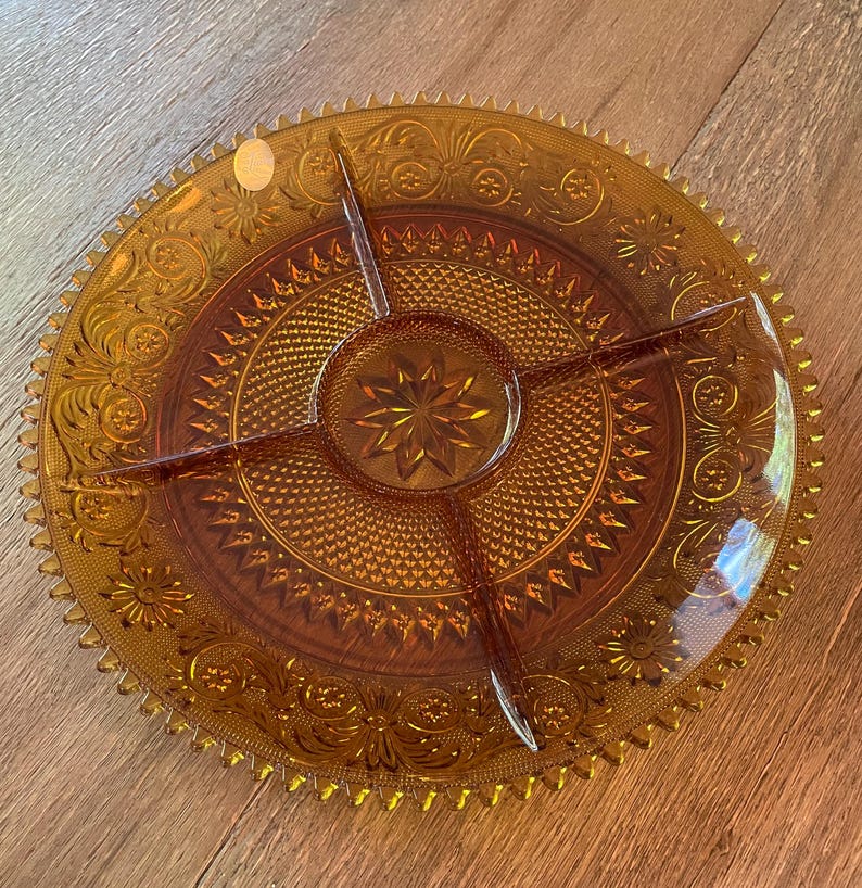 Amber Tiara Indiana Glass Divided Plate, 12" Sandwich Pattern Serving ...
