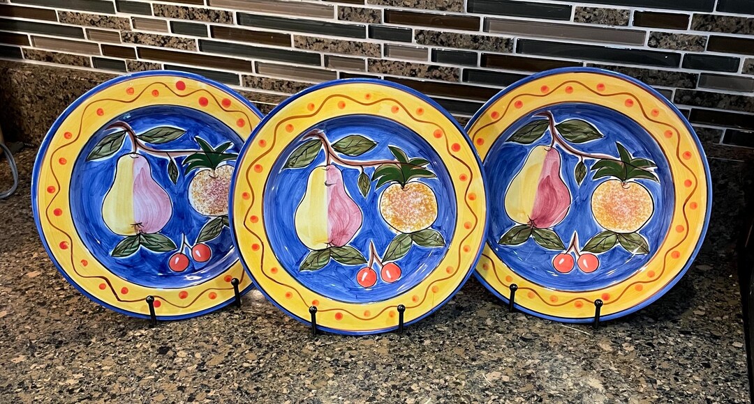Fruitful 8” Plates Vibrant Pear Peach Cherry Design Colorful Vintage ...