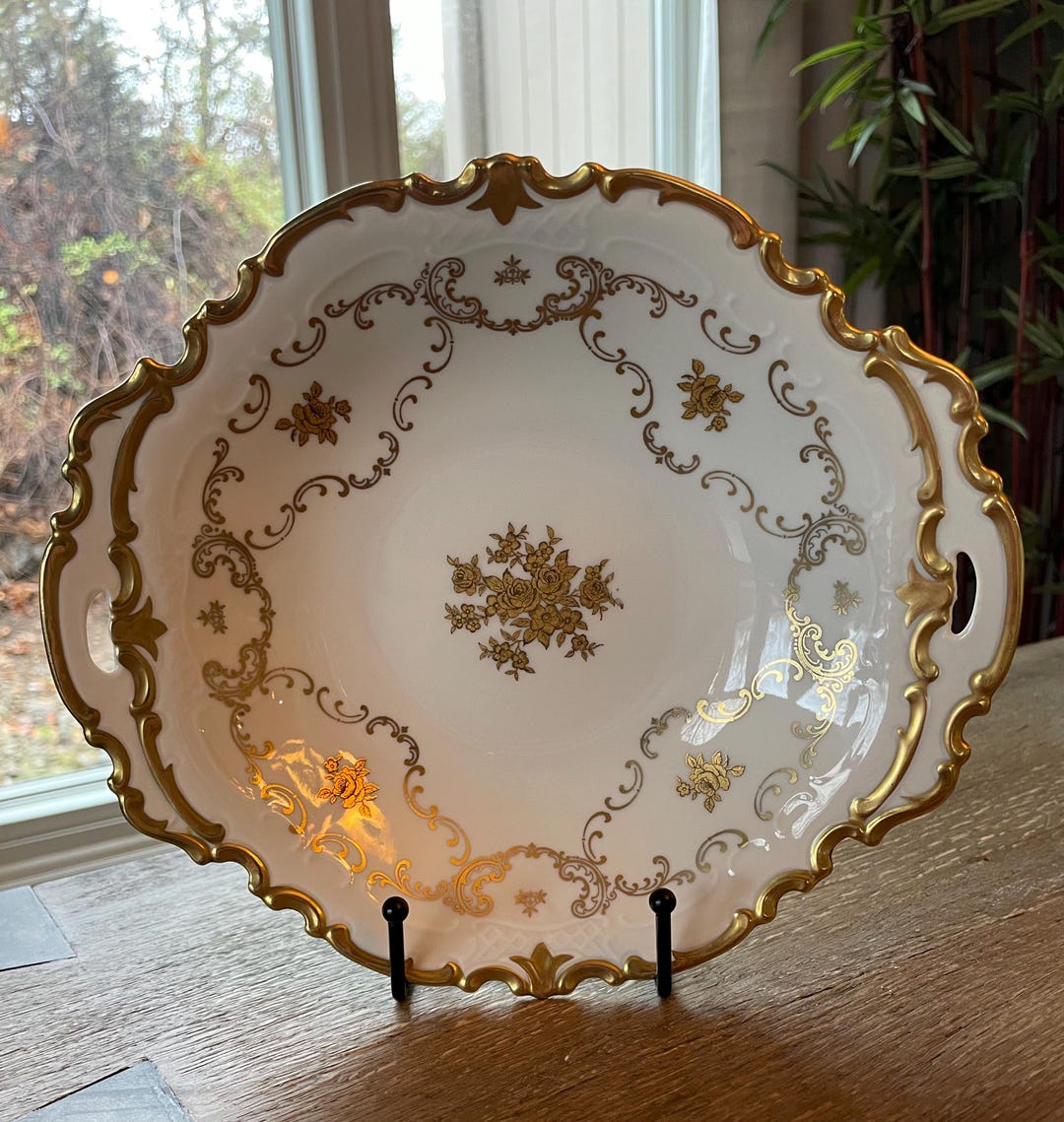 Centerpiece Bowl Gold Floral Reticulated Scalloped Vintage Germany ...