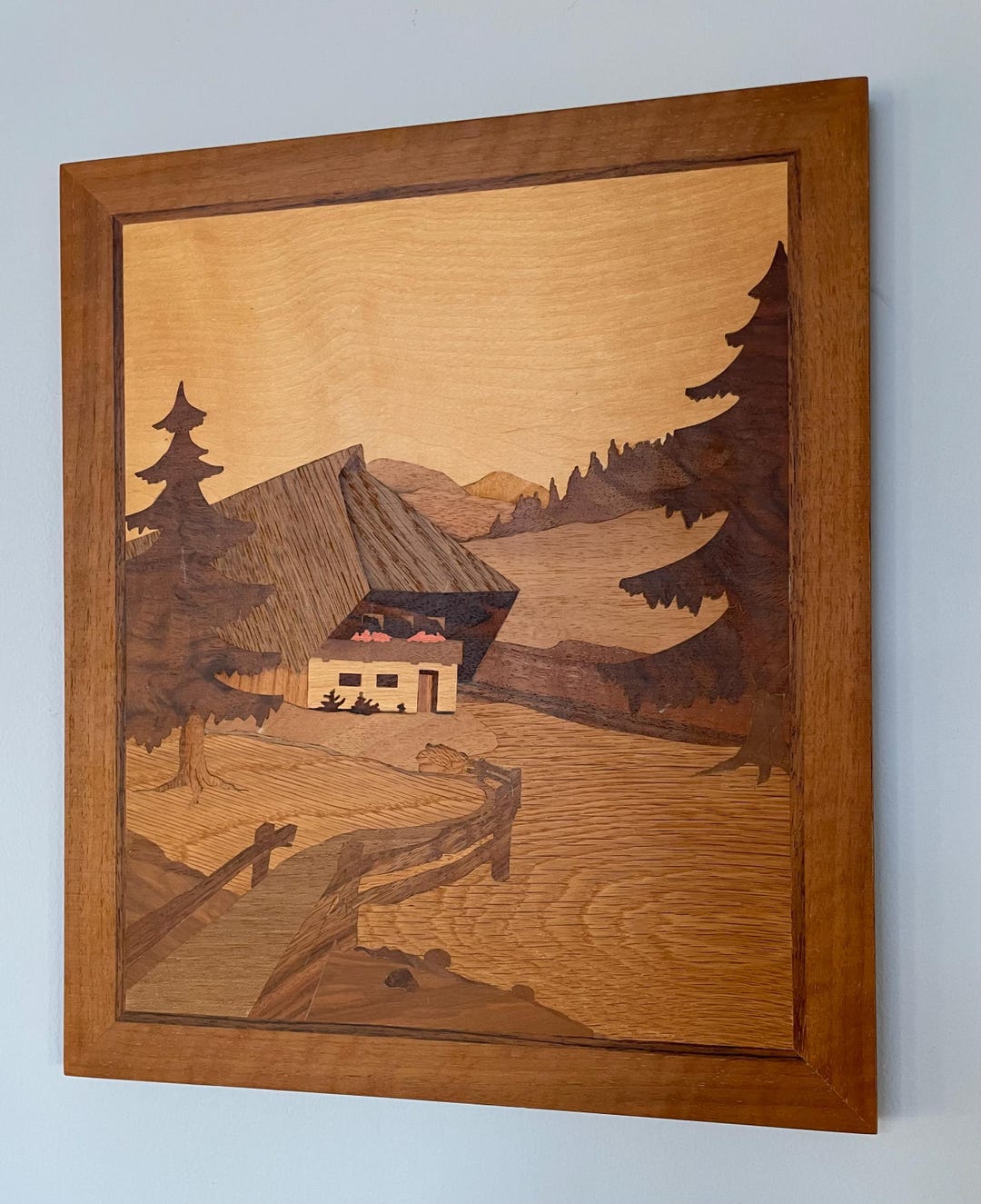 Vintage 1970s Marquetry Wood Inlay Wall Art Landscape Scene With House ...