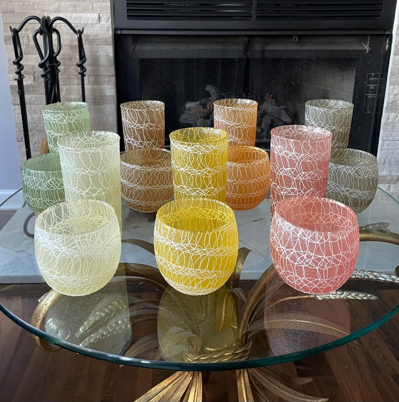 Vintage Color Craft Spaghetti String Glass Set | Mid Century Barware - Etsy