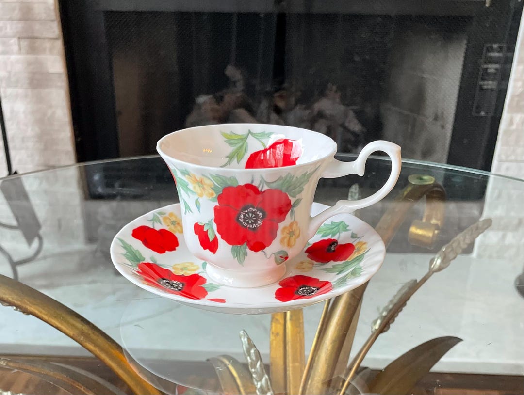 Vintage Roy Kirkham Monet Red Poppy Teacup and Saucer English Bone ...