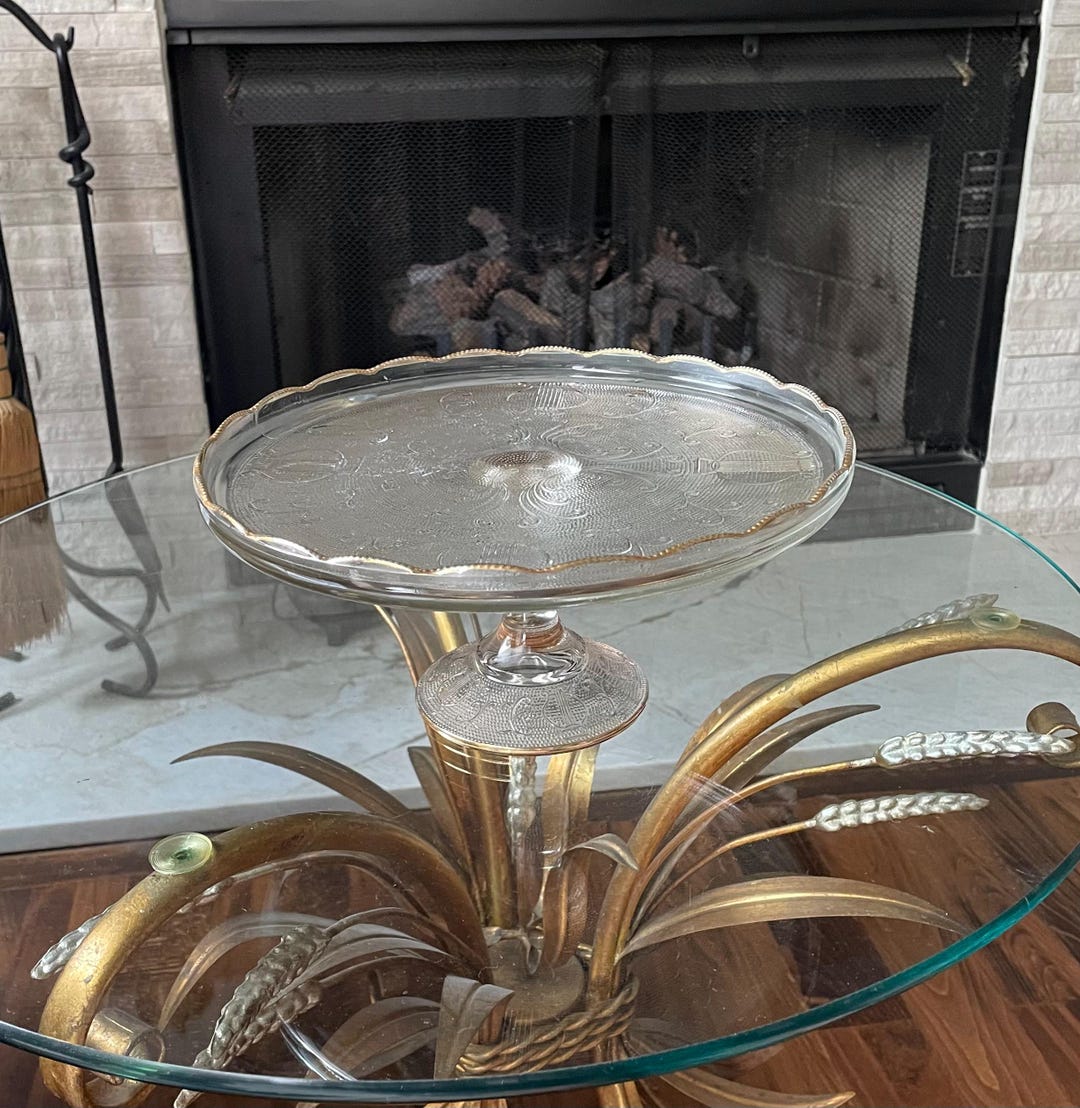 Vintage Jeanette Depression Glass Cake Stand Harp Etched Pedestal 1950s ...