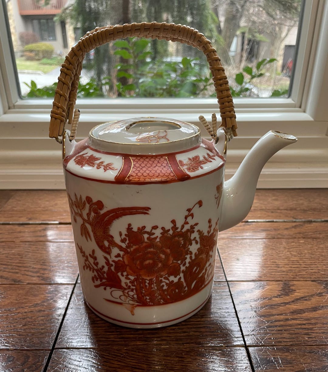 Teapot Orange and Gold Floral Design Bamboo Handles Decorated in Hong ...