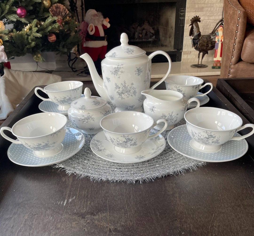 Grace's China Floral Tea Set: Vintage Grey & White Teapot, Cups ...