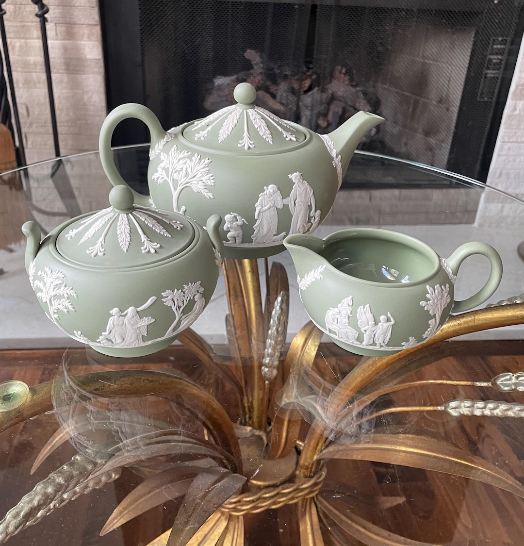Vintage Wedgwood Sage Green Jasperware Tea Set | Teapot, Sugar Bowl ...