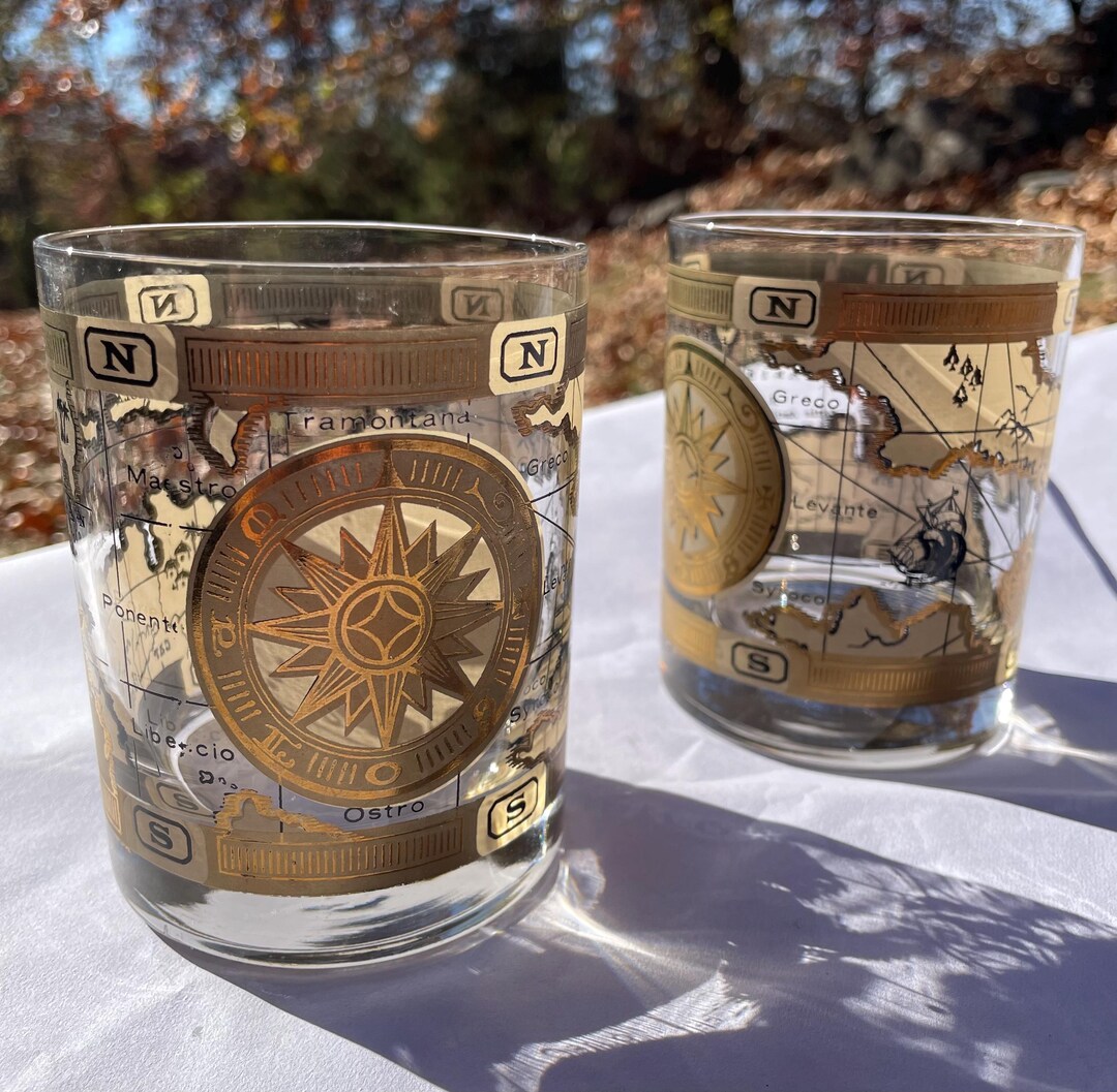 Vintage Drinking Glasses Caribbean Map Cera Glass 22k Gold Vintage Mid ...