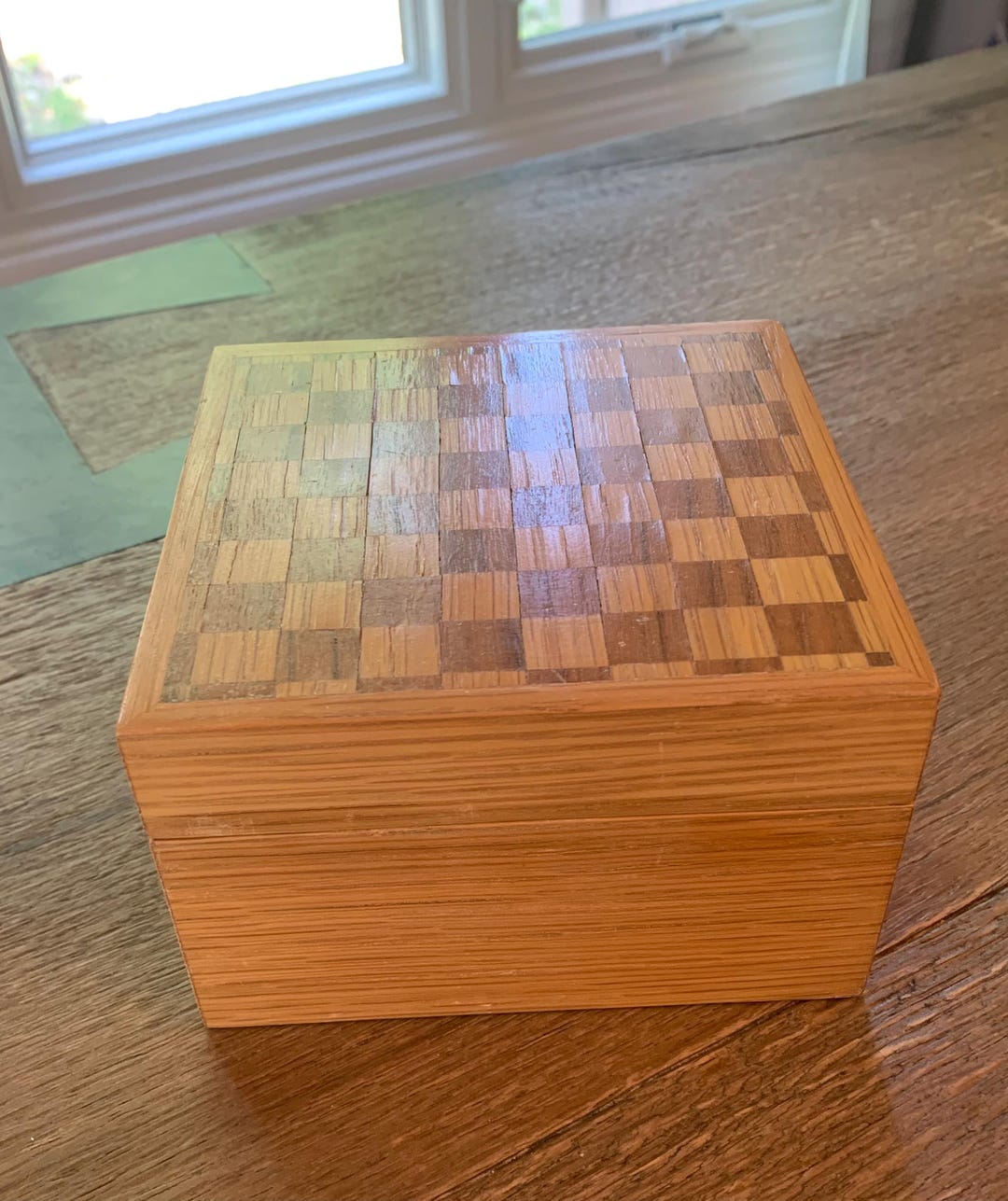 Vintage Bamboo Parquetry Inlay Box 5" Square Checkerboard Wood Trinket ...
