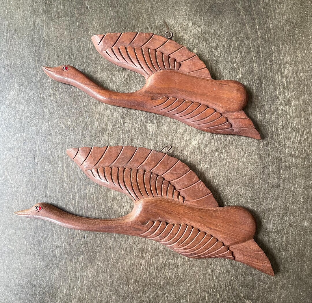 Pair of Carved Wooden Flying Birds Vintage Wall Hangings, Rustic Geese ...