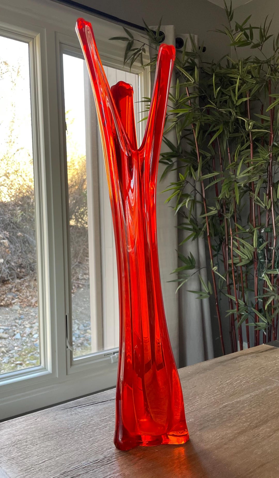 Vintage Viking Glass Three Foil Swung Vase Tall Persimmon MCM Art Glass ...