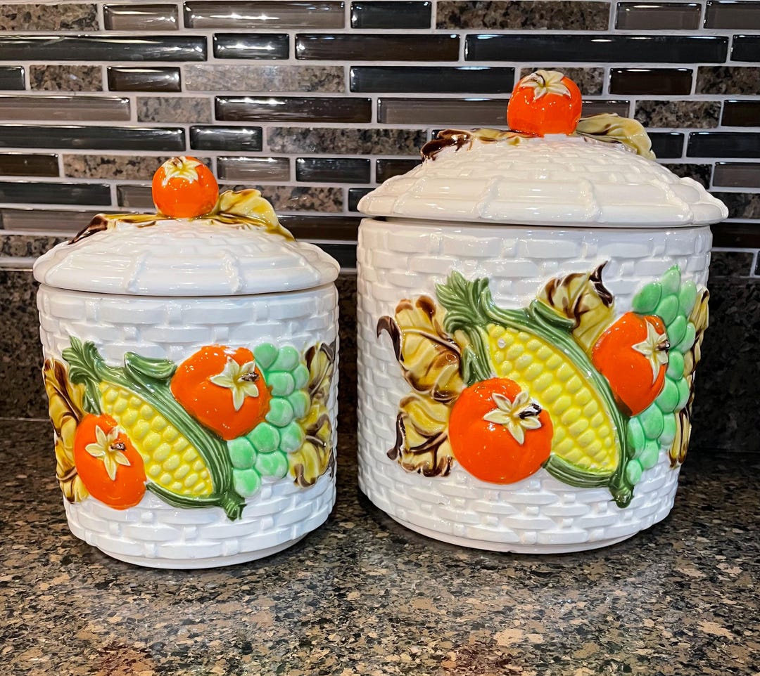 Vintage Ceramic Kitchen Canister Set Hand Painted Basketweave With ...