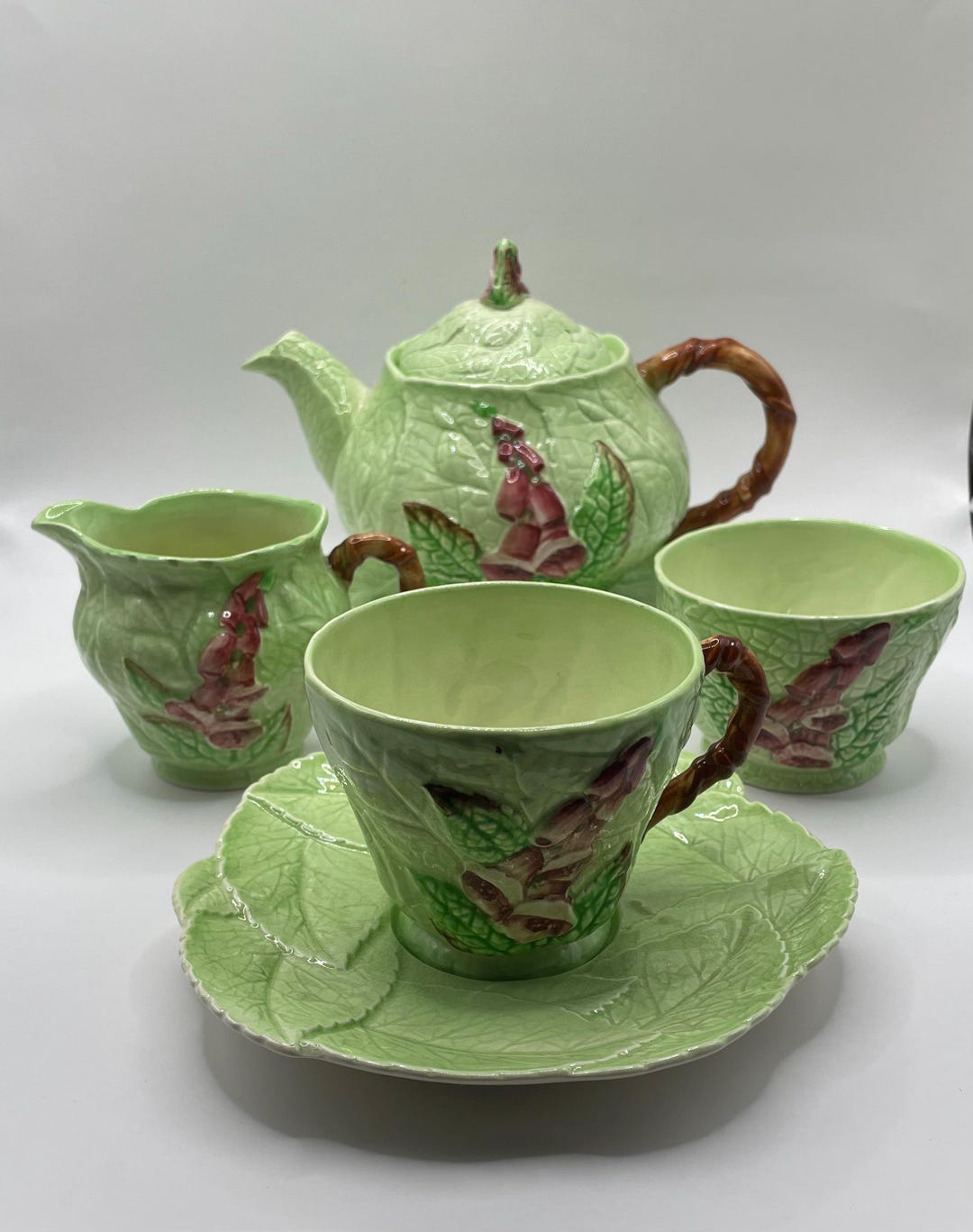 Antique Teapot Set Green Carlton Ware Foxglove and Lettuce Leaf Pattern ...