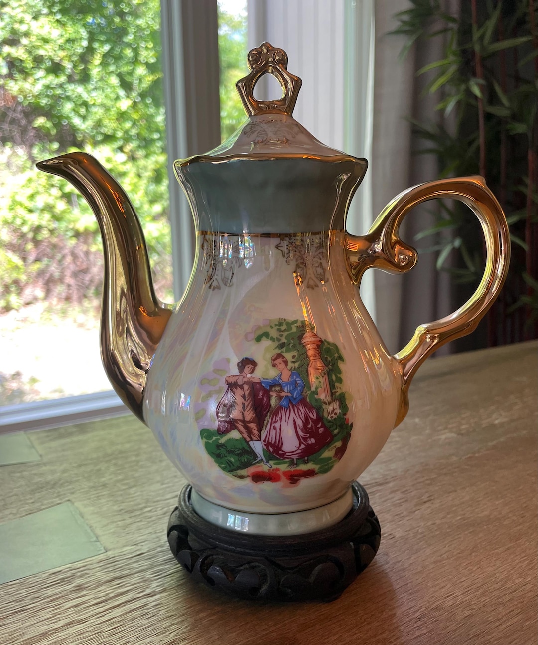 Vintage Yau Shing Iridescent Pearl Teapot Italian Garden Scene Gold ...