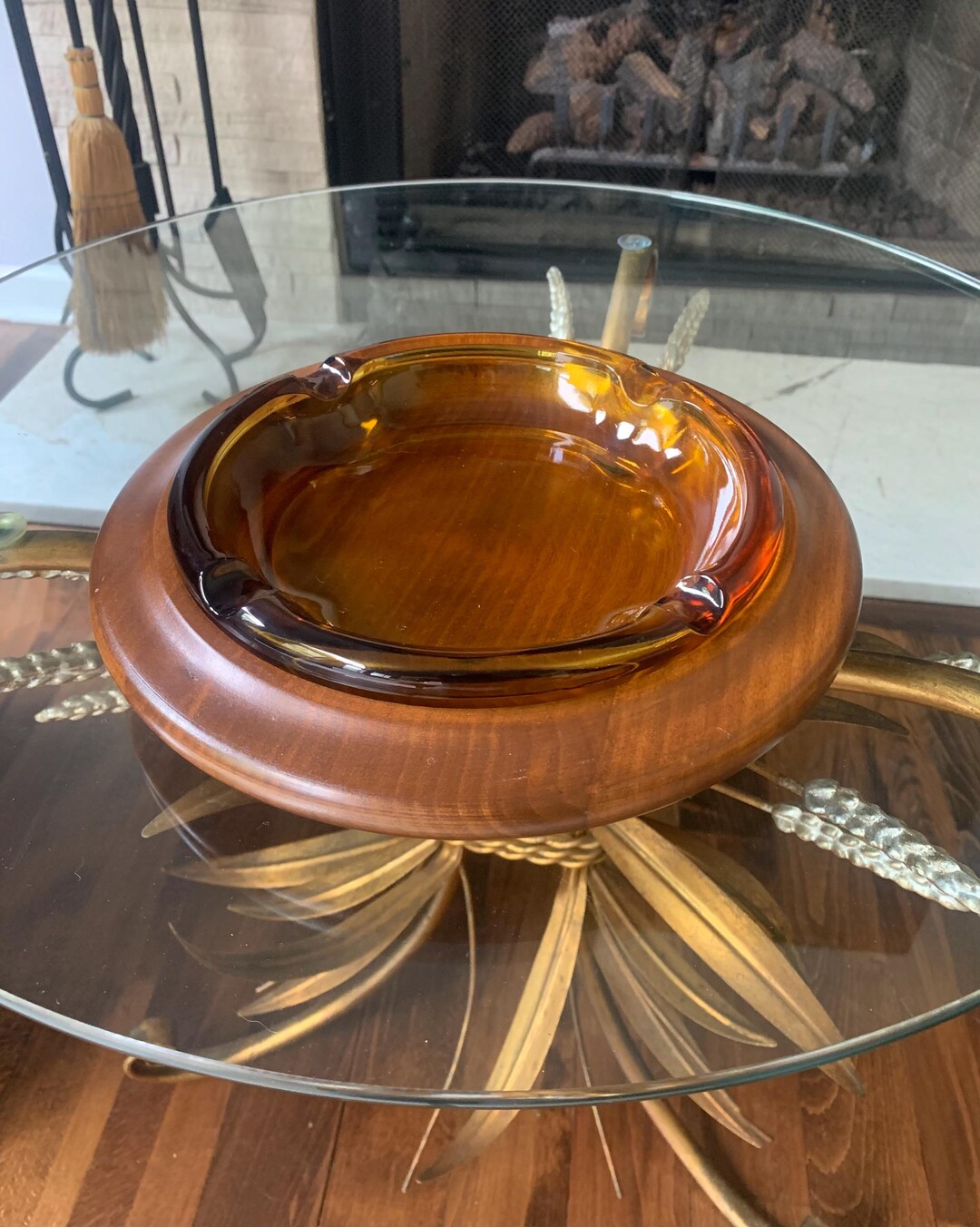 Vintage Ashtray With Amber Glass Insert – 10" MCM Walnut Wood Base – 4 ...