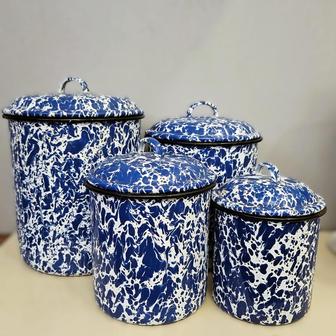 Vintage Enamelware Canister Set of 4 Blue White Splatter CGS ...