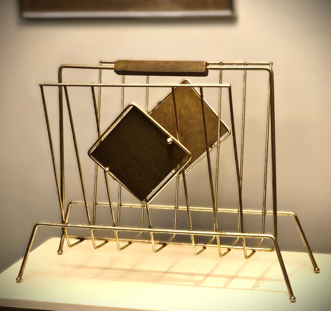 Mid Century Modern Vinyl Record Rack Stand With Wood Grain Panels - MCM ...