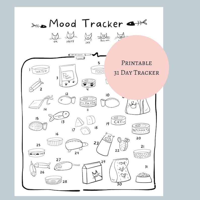 Printable Cat Mood Tracker: Coloring Page, Wellness Planner (digital ...