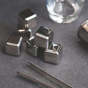 Set of 6 Stainless Steel Ice Cubes With Tongs and Case - Reusable Ice ...
