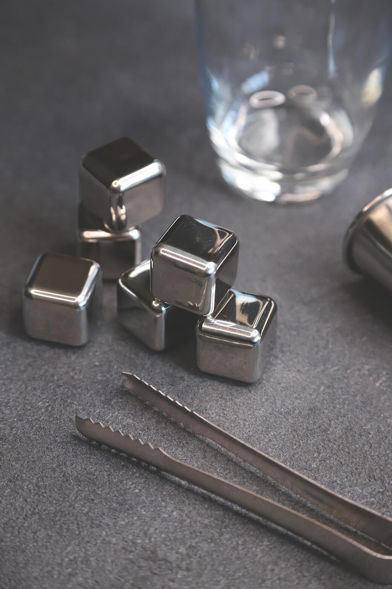 Set of 6 Stainless Steel Ice Cubes With Tongs and Case - Reusable Ice ...