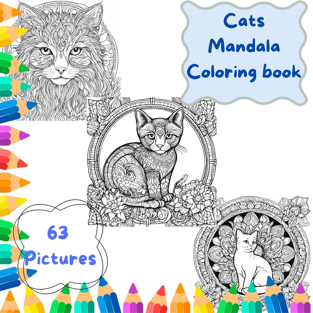 Cats Mandala Coloring Book, 63 Printable Stress Relief Pattern Coloring ...