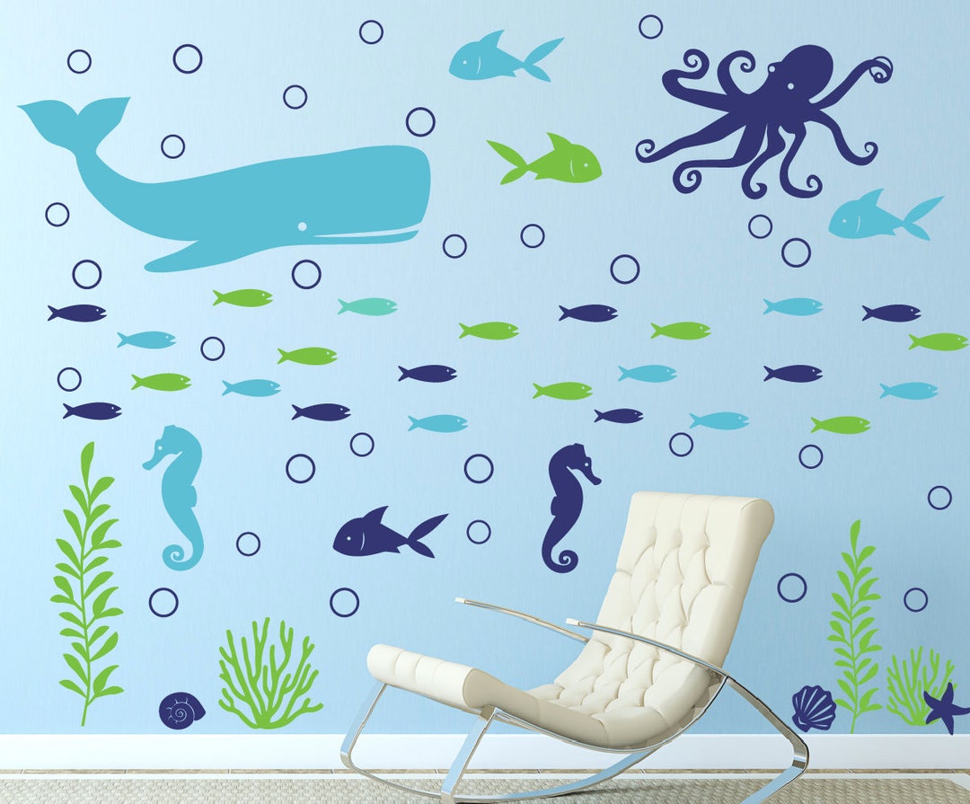 Ocean Wall Decal, Sea Animals Vinyl Decal, Ocean Bathroom Wall Decor ...