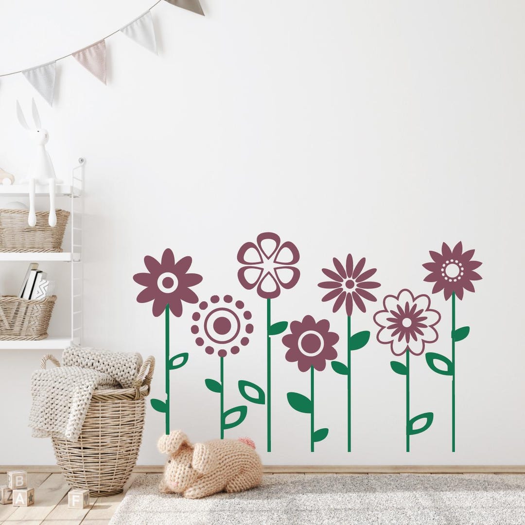 Colorful Flower Themed Vinyl Decal, Beautiful Flowers With Stems and ...
