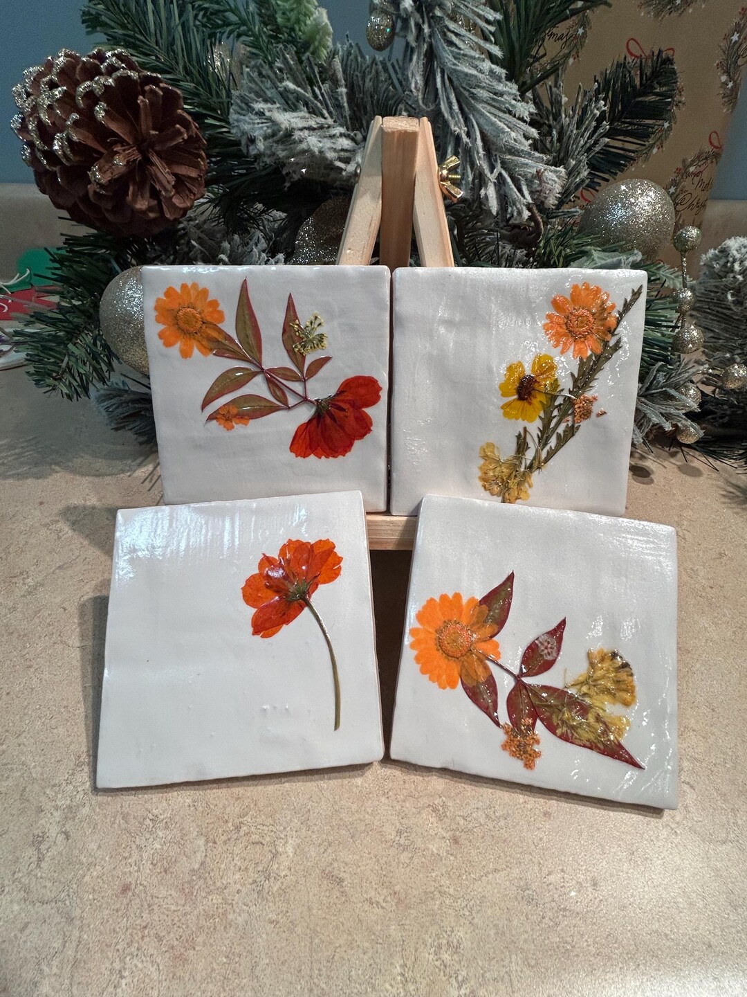 Coasters - Set of 4 Hand-decorated Ceramic Tile Coasters With Dried ...