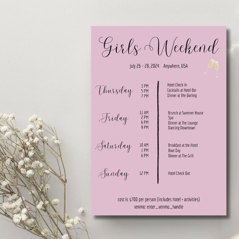 Girls Weekend Itinerary Template Pink Travel Itinerary Weekend Vacation ...