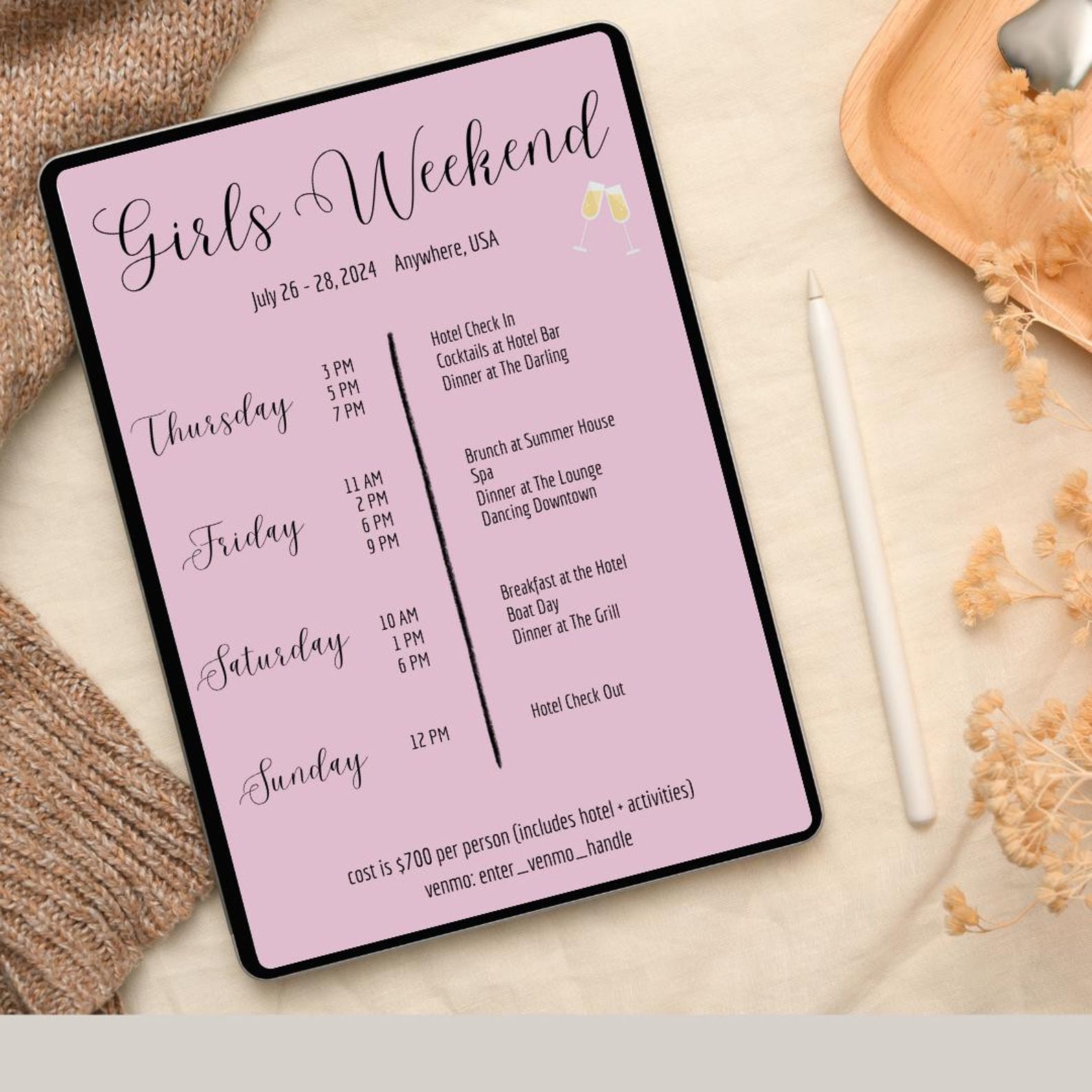 Girls Weekend Itinerary Template Pink Travel Itinerary Weekend Vacation ...