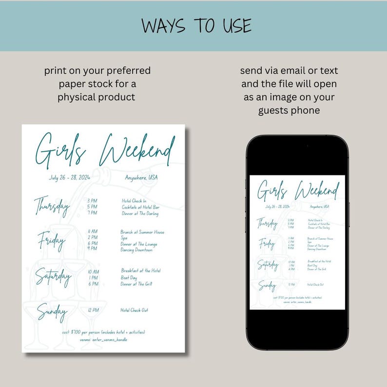 Girls Weekend Itinerary Template Blue Travel Itinerary Weekend Vacation ...