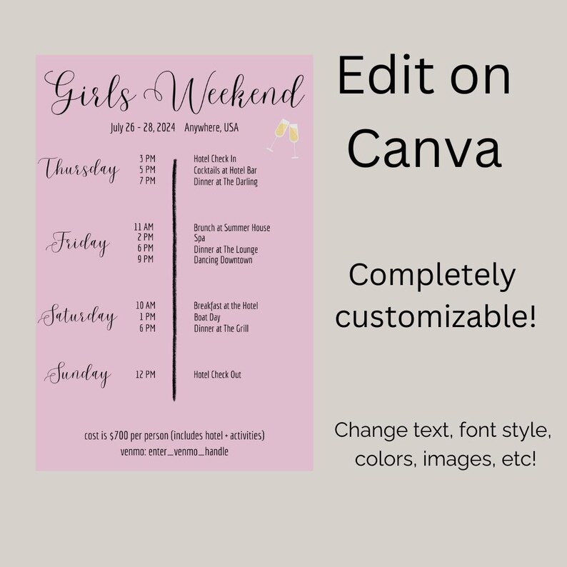 Girls Weekend Itinerary Template Pink Travel Itinerary Weekend Vacation ...
