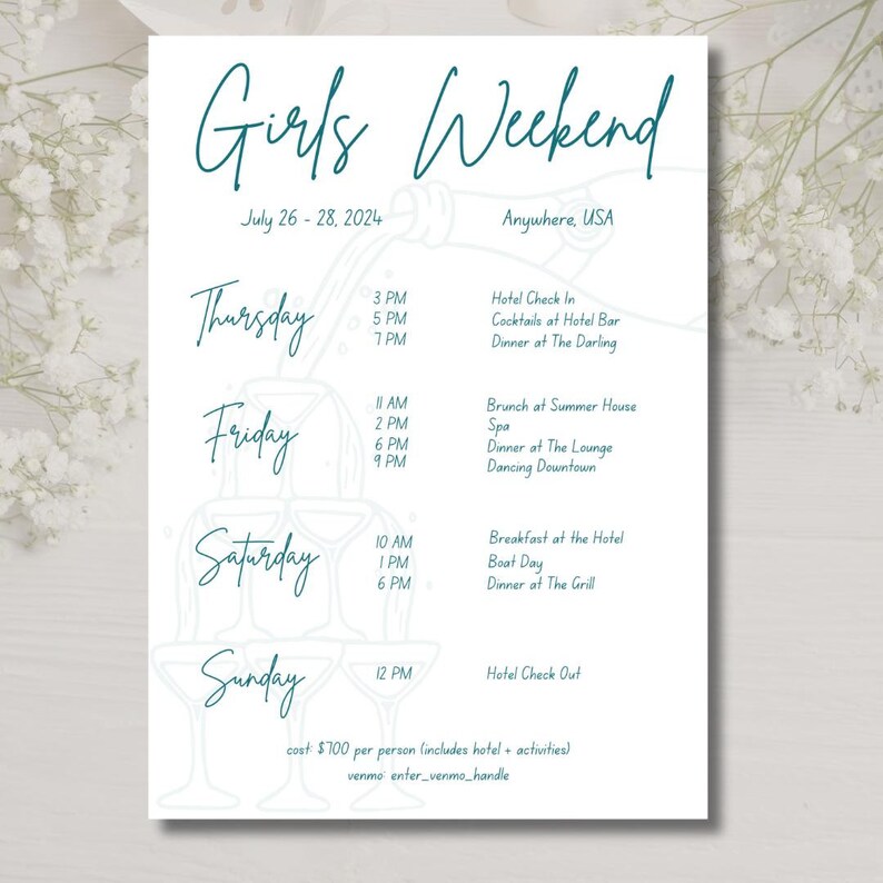 Girls Weekend Itinerary Template Blue Travel Itinerary Weekend Vacation ...