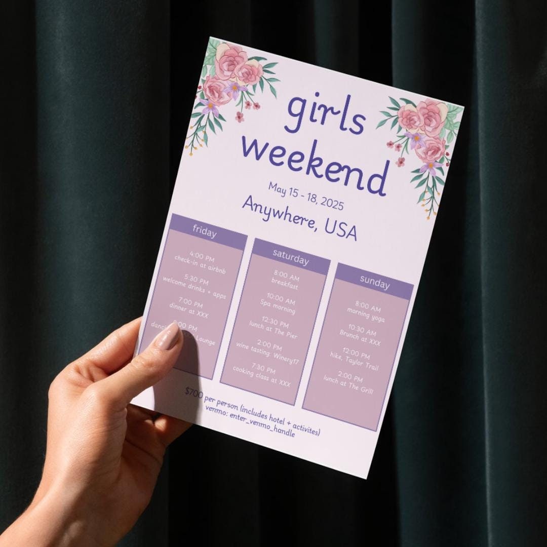 Girls Weekend Itinerary Template Pink Travel Itinerary Weekend Vacation ...